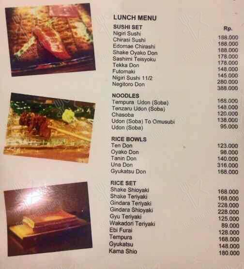 Menu at Kinokawa restaurant, Jakarta, Thamrin Menara Tower
