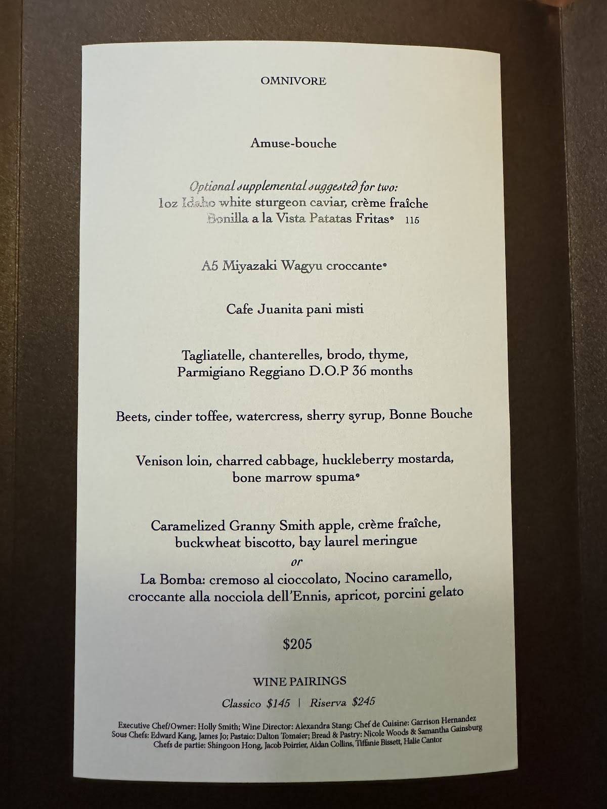 Menu at Cafe Juanita, Kirkland