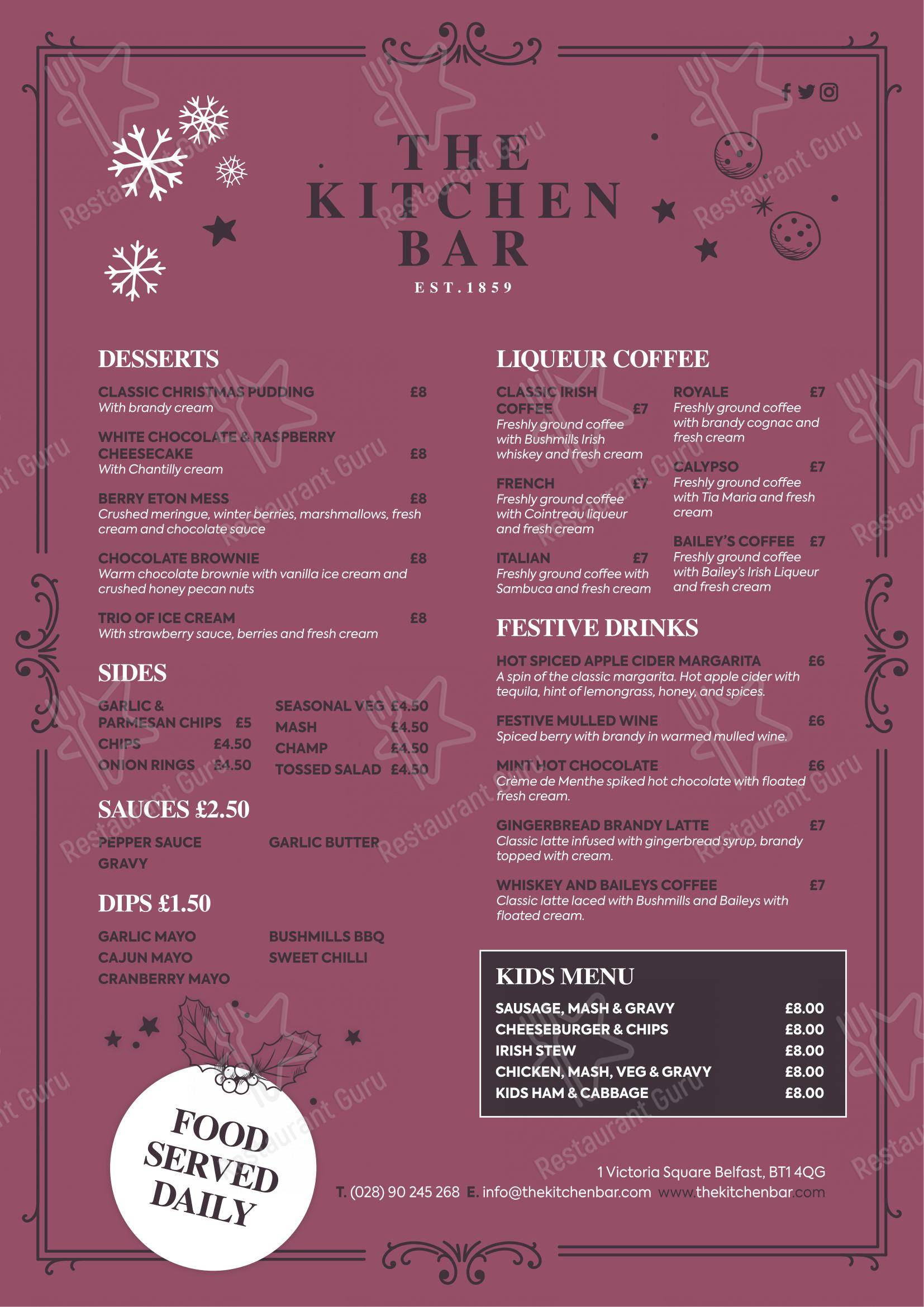 Menu at Kitchen Bar, Belfast, 1 Victoria Square
