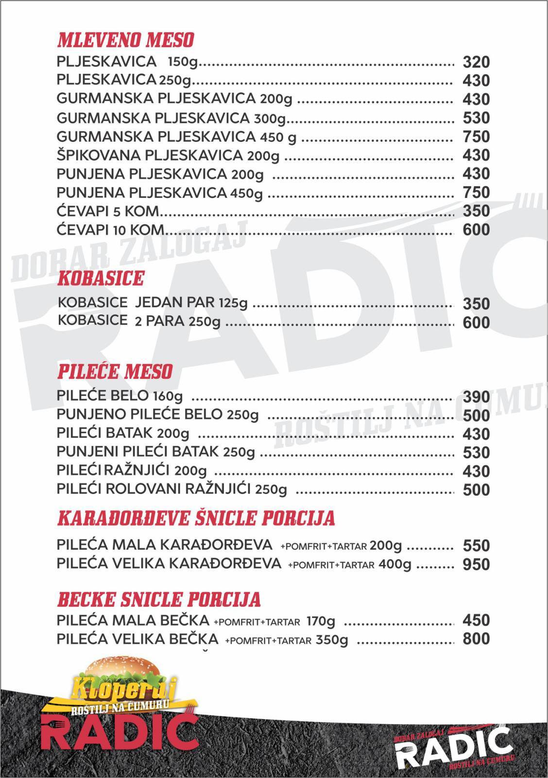 Menu at Kloperaj RADIĆ roštilj na ćumuru restaurant, Veternik