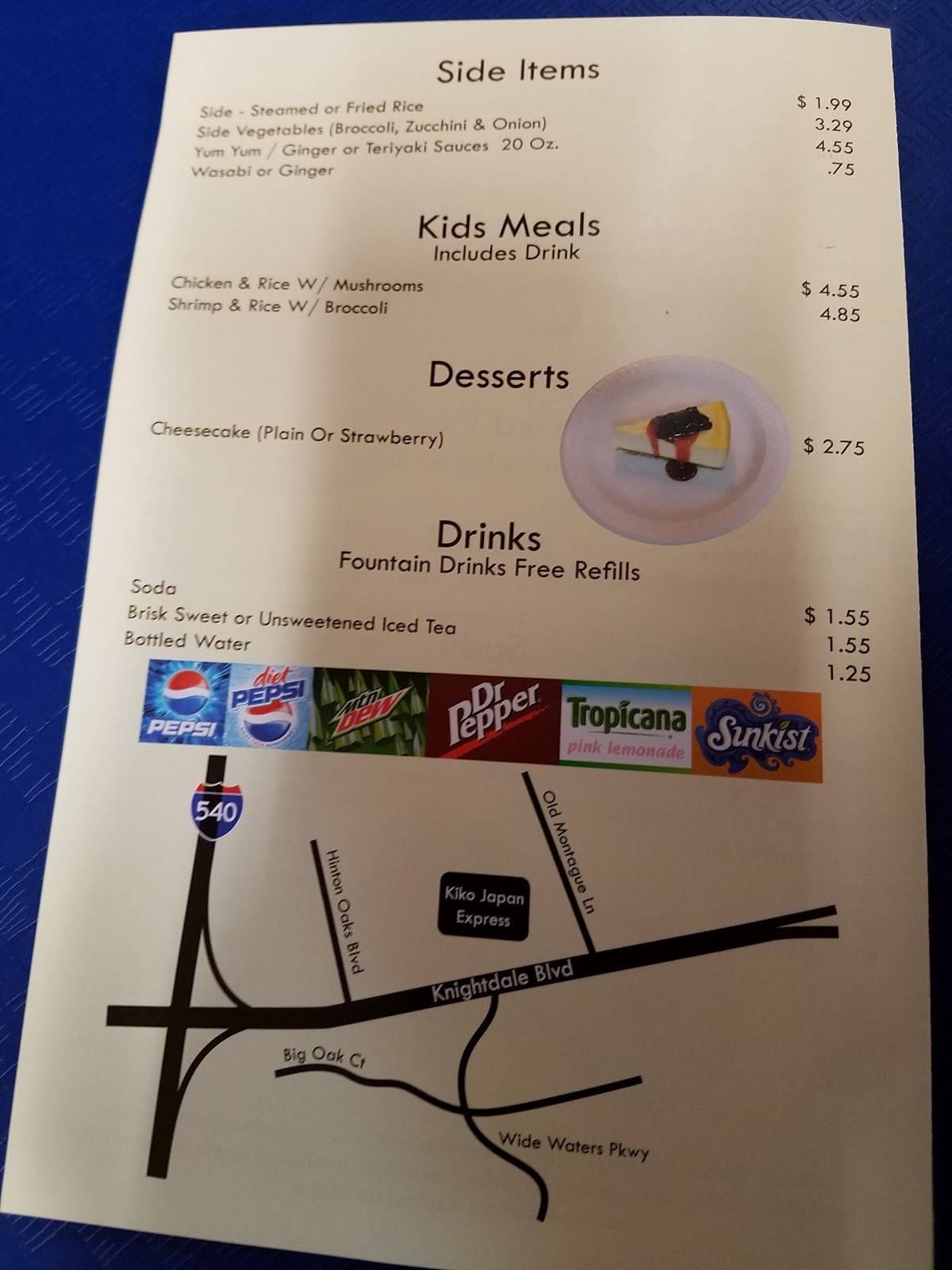 Menu at Kiko Japan Express restaurant, Knightdale