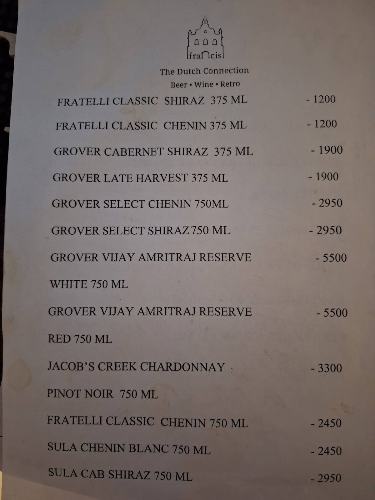 Menu at Francis, Kochi