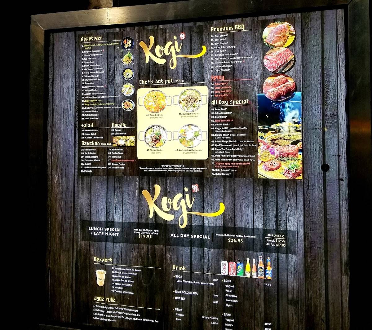 Menu at Kogi Korean BBQ & Seafood Hot Pot, Las Vegas