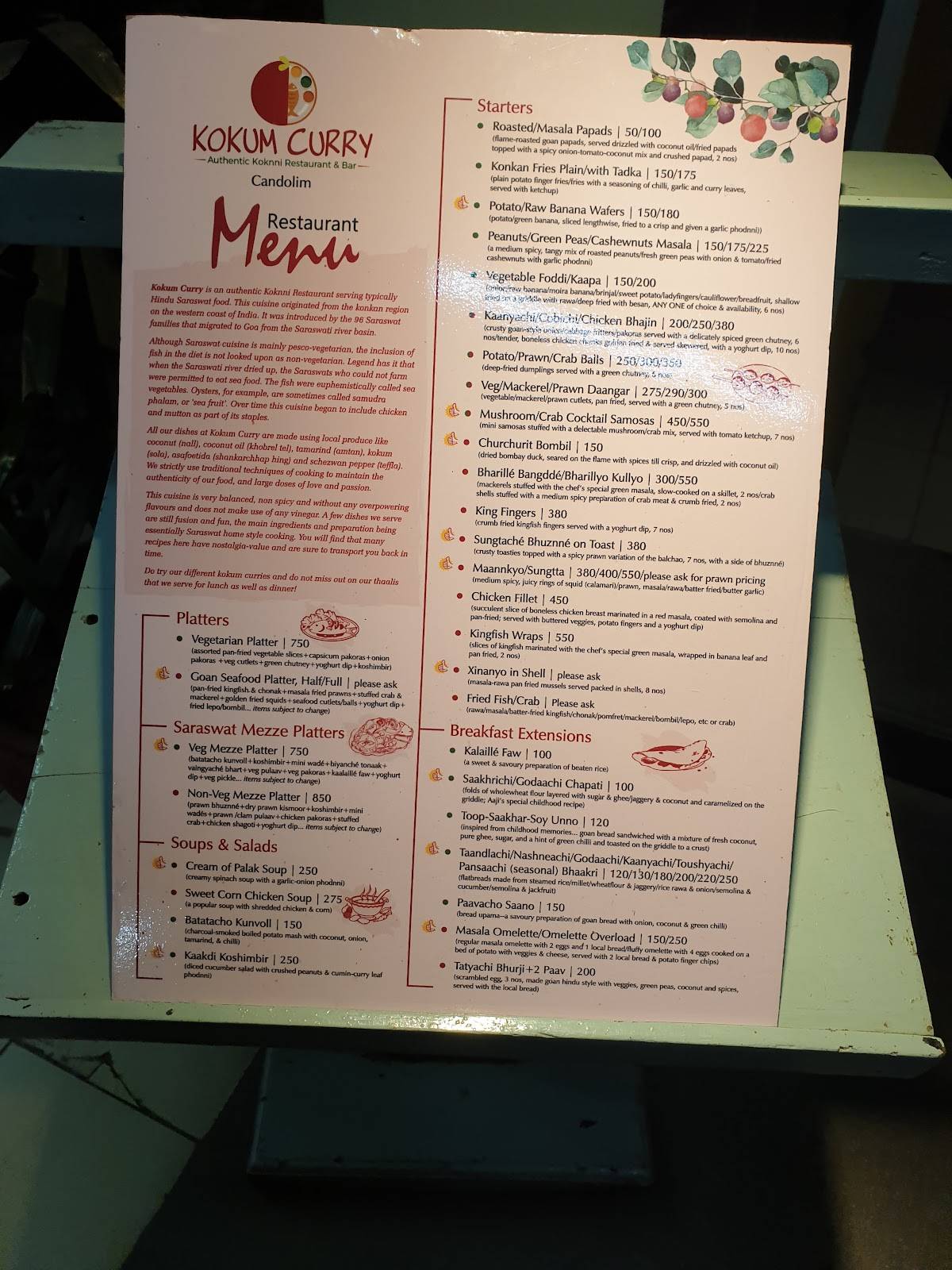Menu at Kokum Curry Candolim, Candolim