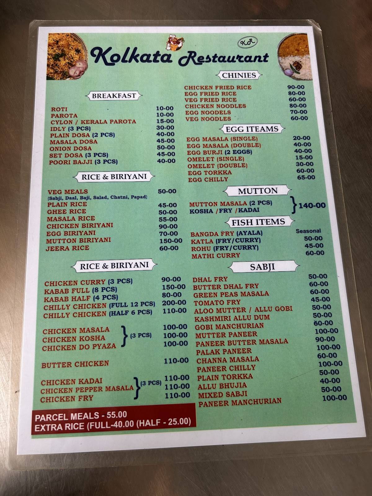 Menu at Kolkata Restaurant, Bengaluru, 54, Someshwara Nagar Main Road