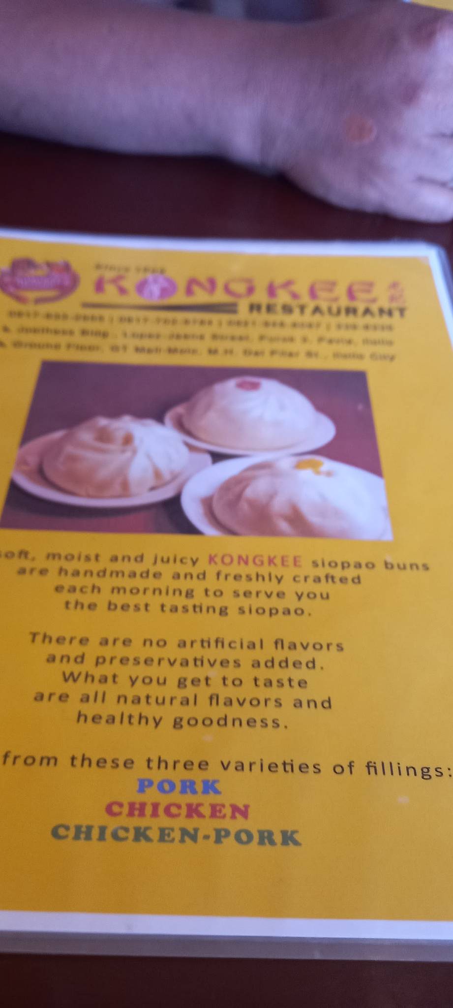 Menu at Kong Kee Restaurant, Pavia, Joethess Bldg