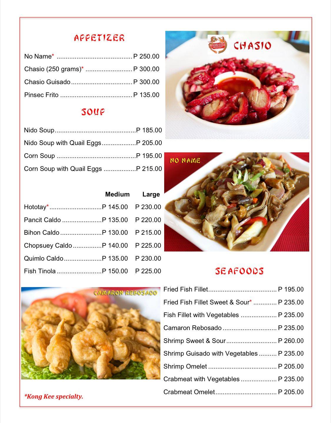 Menu at Kong Kee Restaurant, Pavia, Joethess Bldg