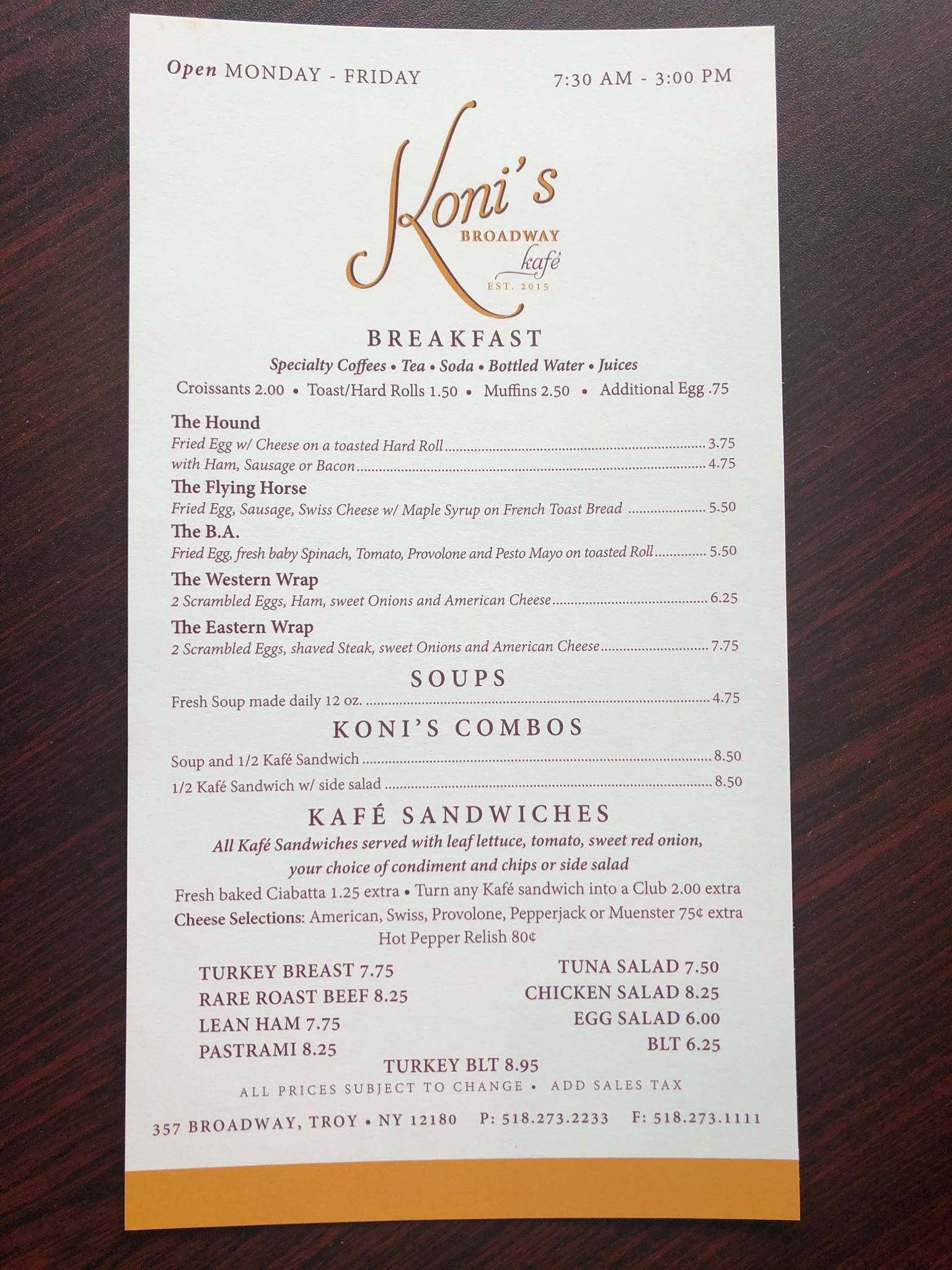 Menu at Koni's Broadway kafe cafe, Troy