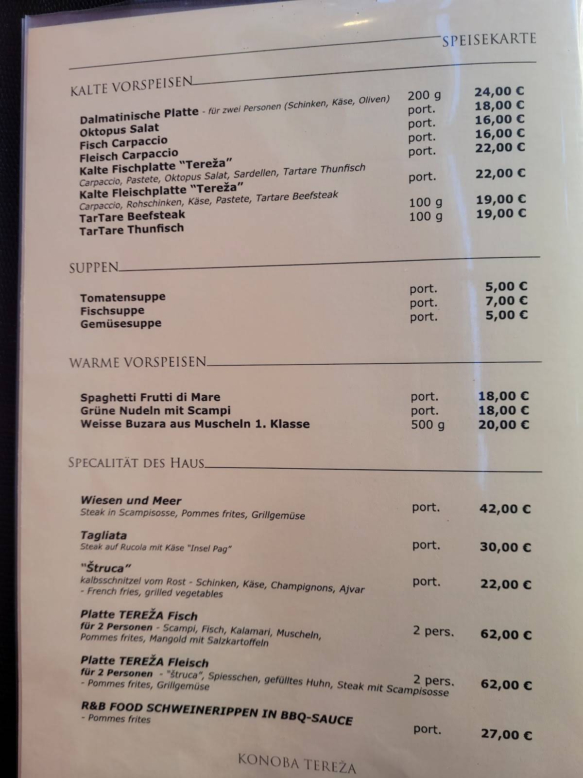 Menu at Konoba Tereza restaurant, Tisno