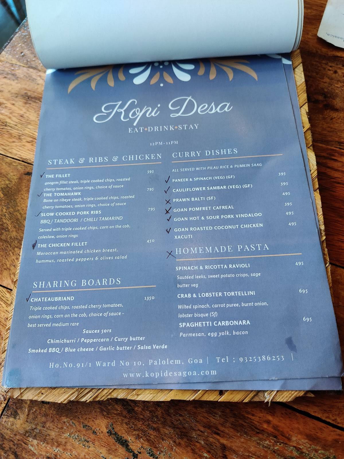 Menu at Kopi Desa Palolem, Canacona