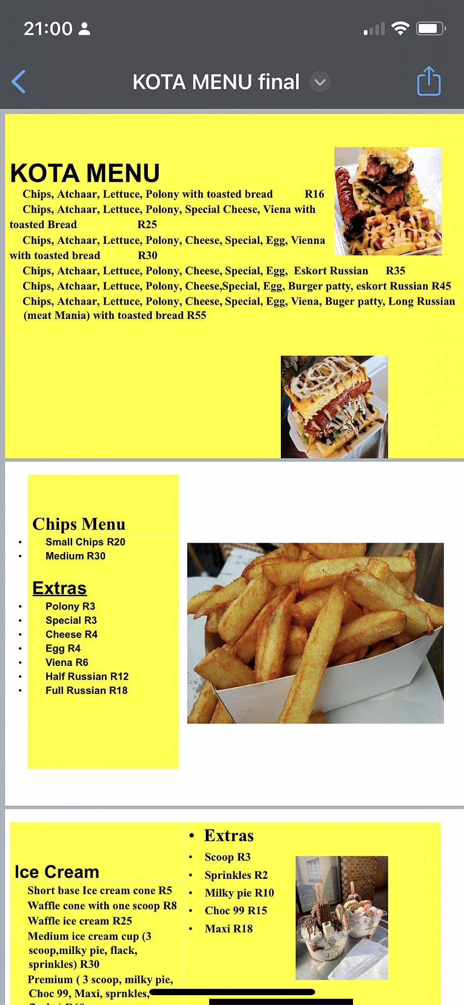 Menu at Kota Joint restaurant, Johannesburg