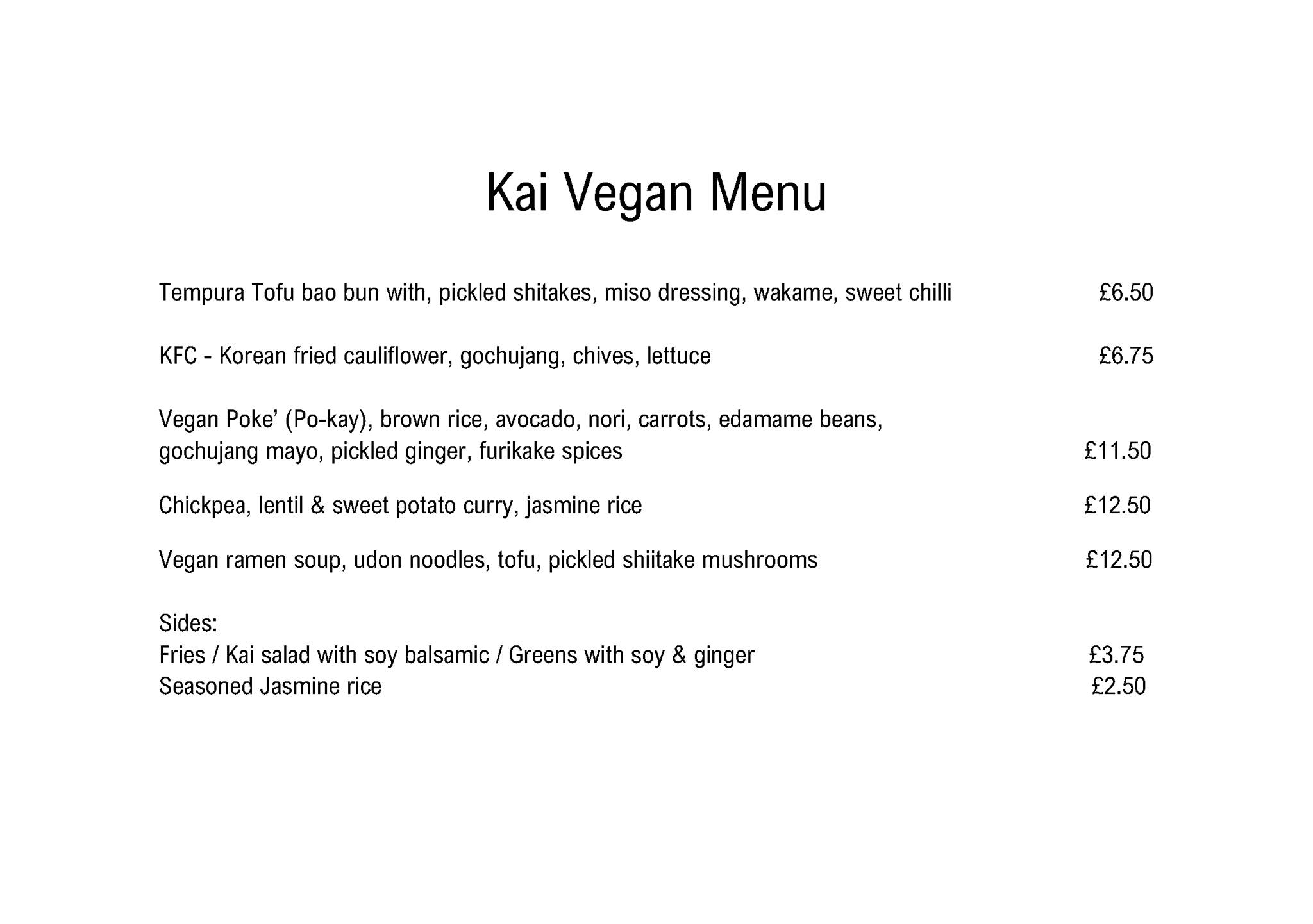 Menu at Kota Kai Kitchen Bar, Porthleven