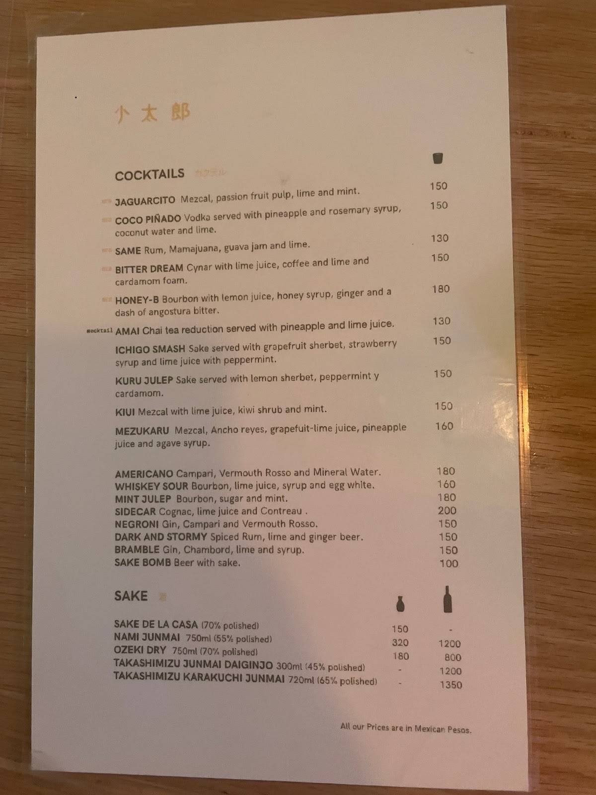 Carta del restaurante Kotaro, Cancún