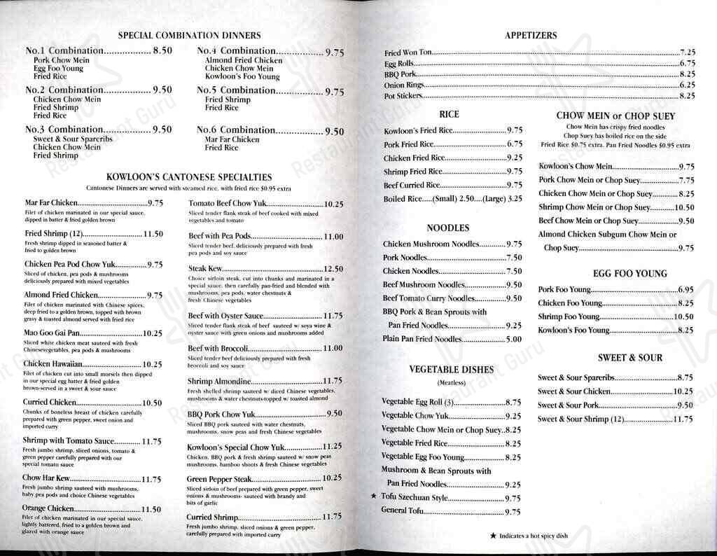 Menu at Kowloon Restaurant, Roseburg