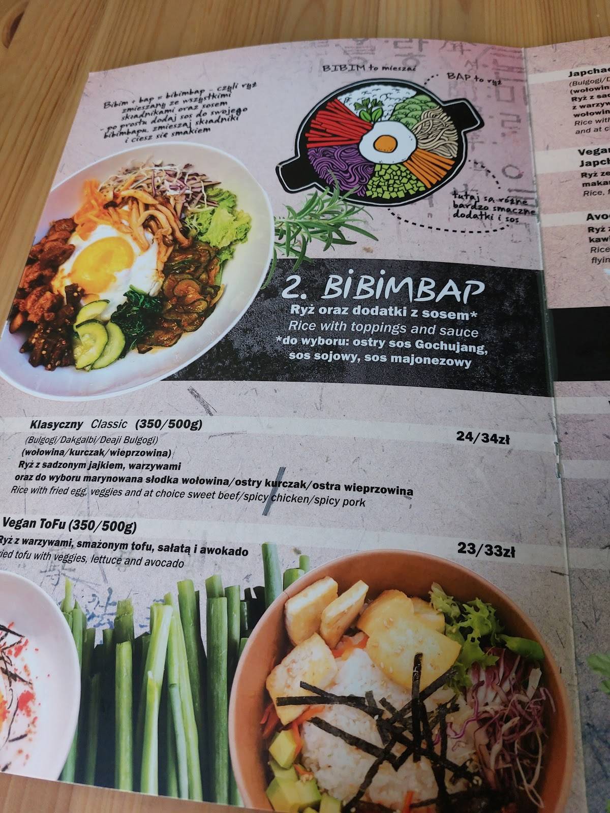 Menu at Pan KimBap restaurant, Kraków