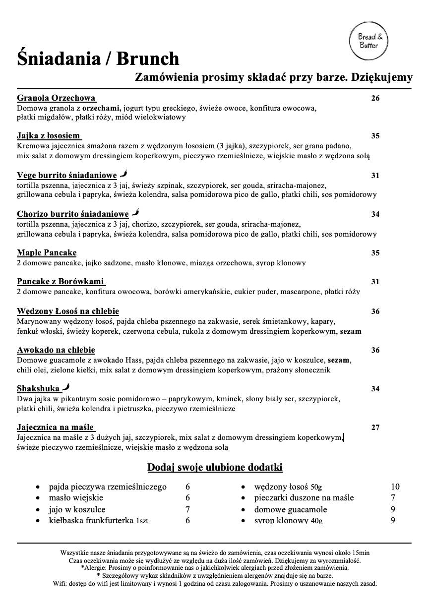 Menu at Bread & Butter Breakfast & Brunch Kraków restaurant, Kraków