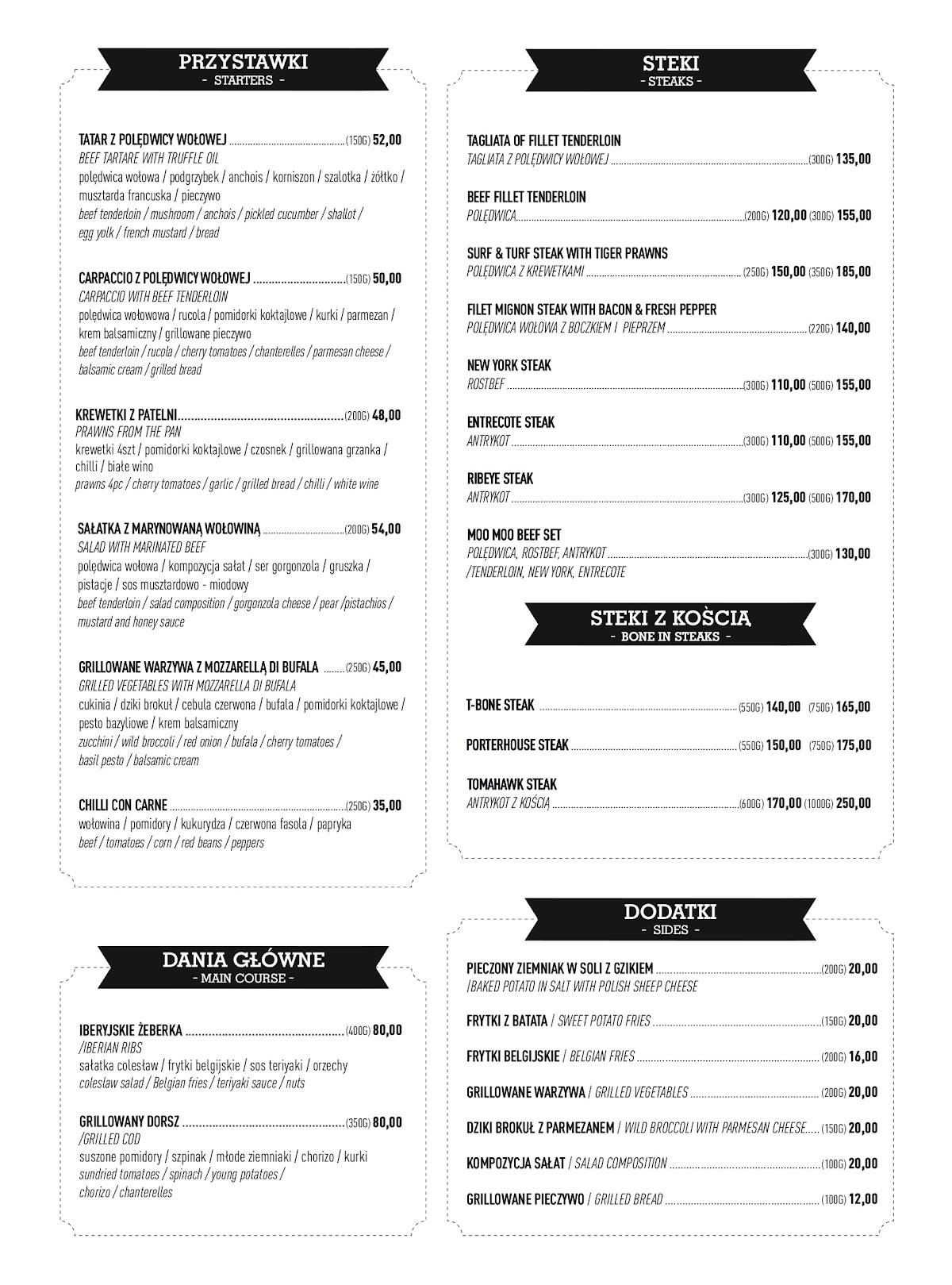 Menu at Moo Moo Steak & Burger Club, Kraków, Świętego Krzyża 15