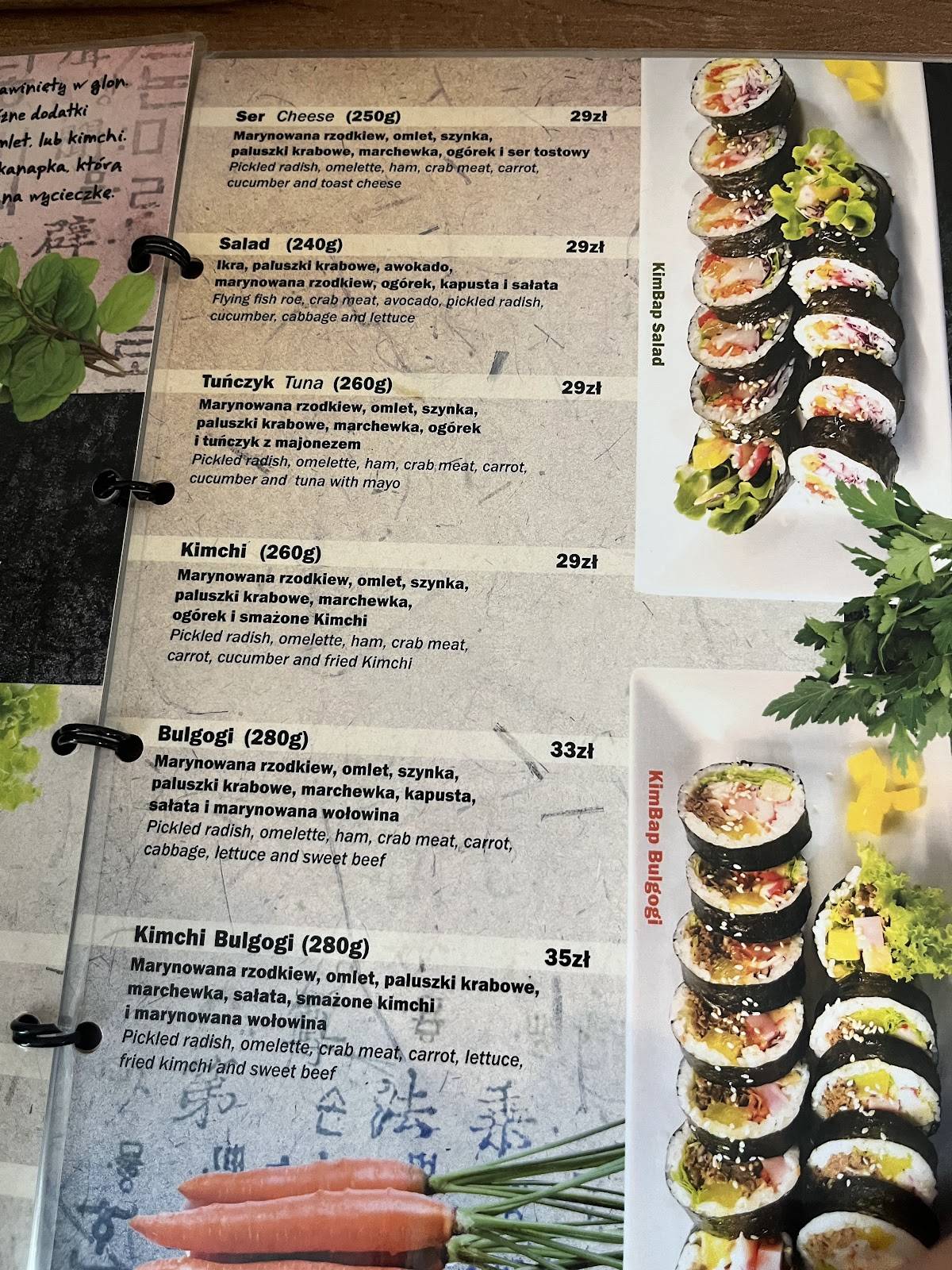 Menu at Pan KimBap restaurant, Kraków