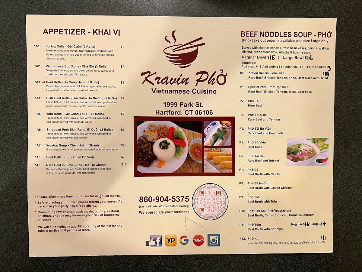 Menu at Kravin Pho restaurant, Hartford