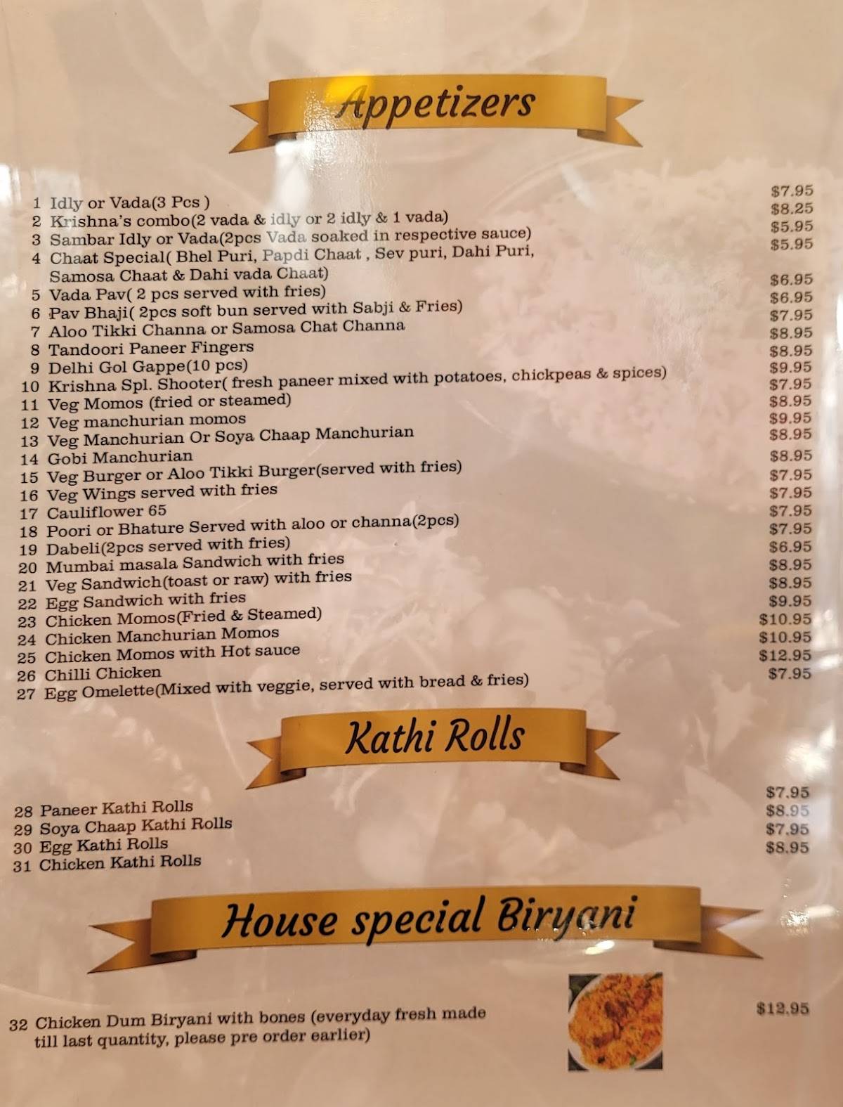 Menu au Krishna's Chaat House restaurant, Surrey