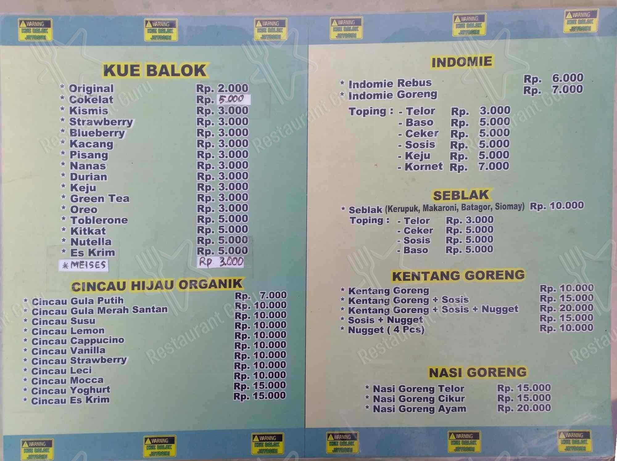 Menu at Kue Balok Jayagiri, Bandung
