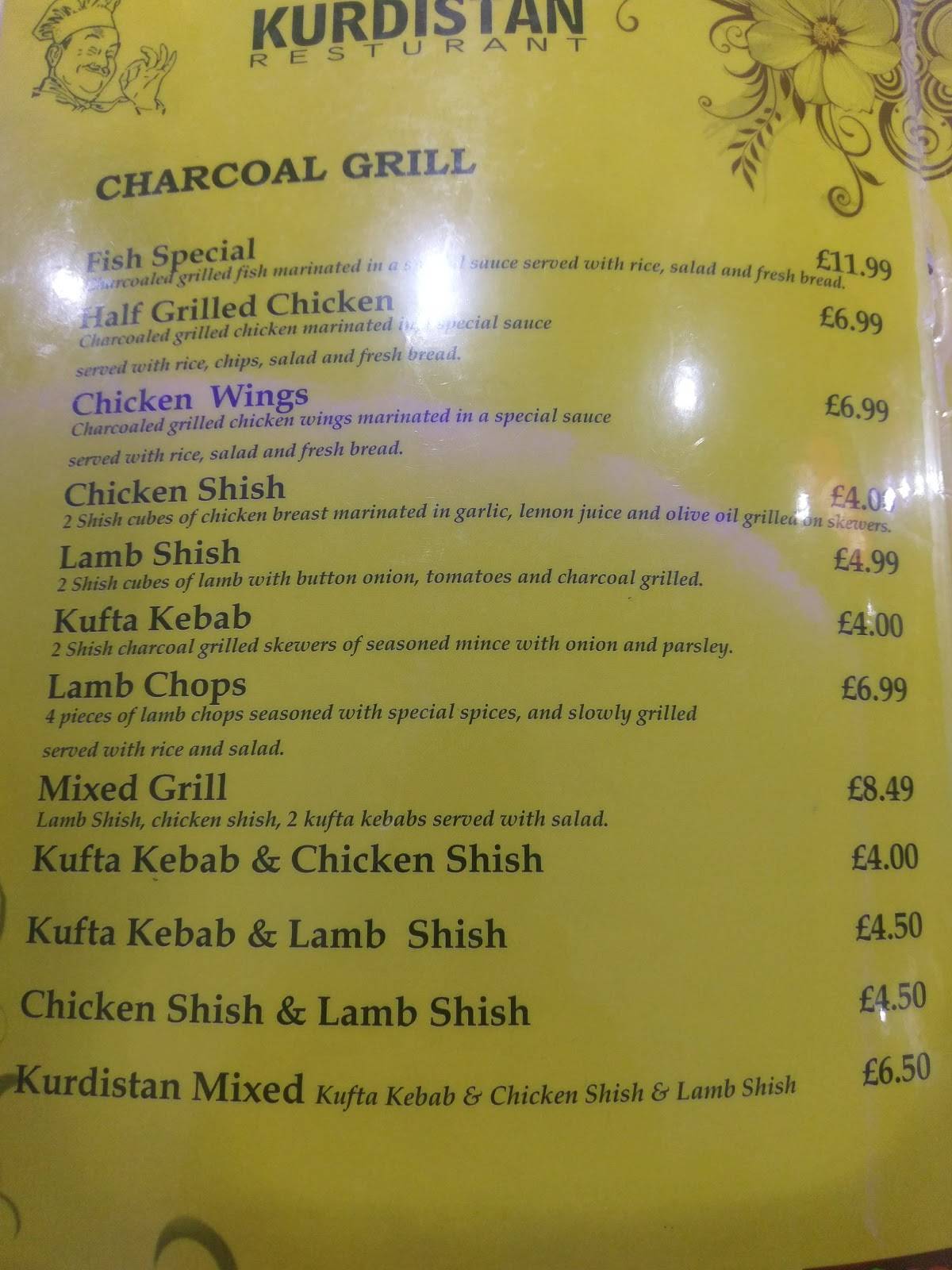Menu at Kurdistan Restaurant, Sheffield