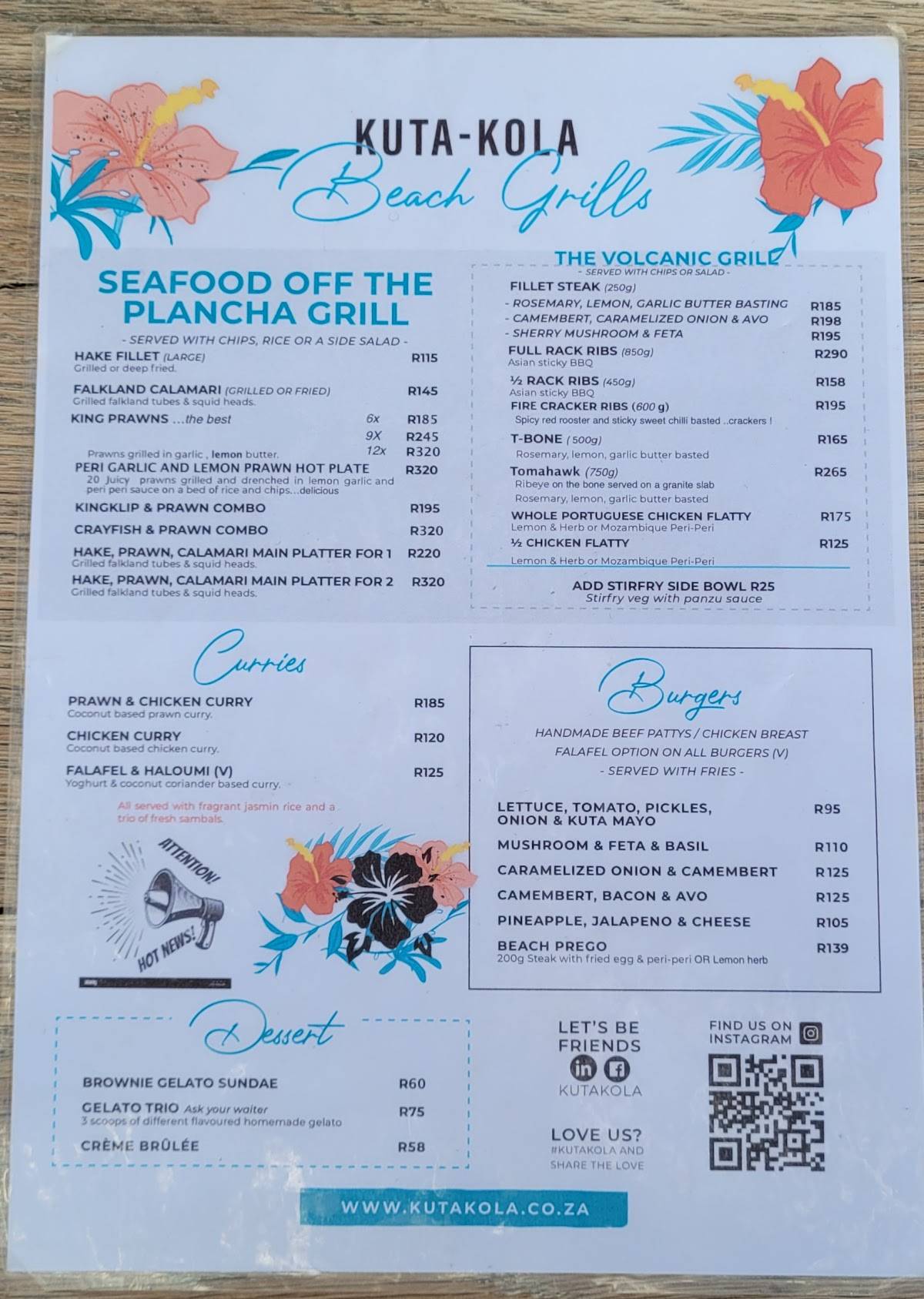 Menu at Kuta-Kola restaurant, Dolphin Coast