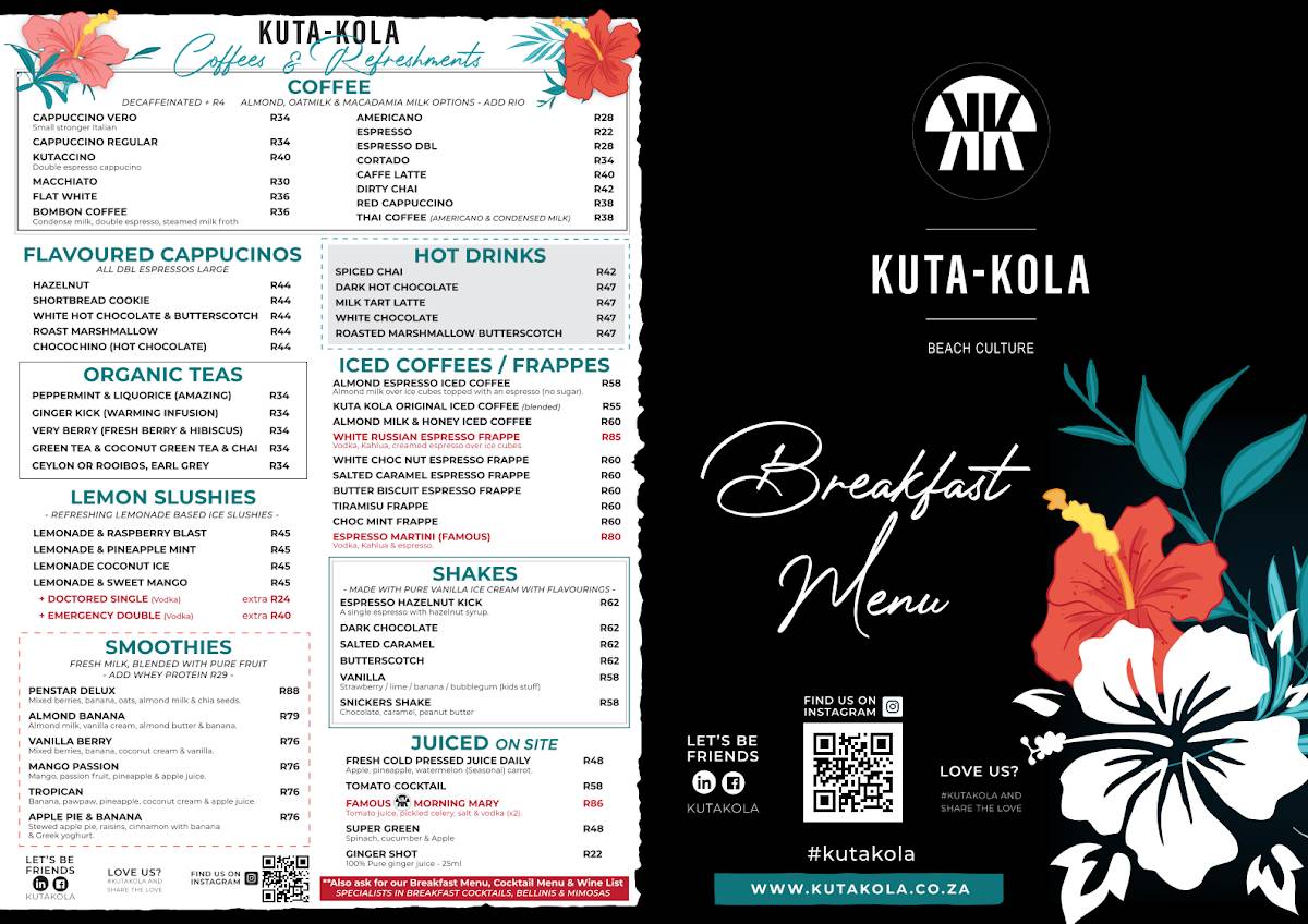 Menu at Kuta-Kola restaurant, Dolphin Coast
