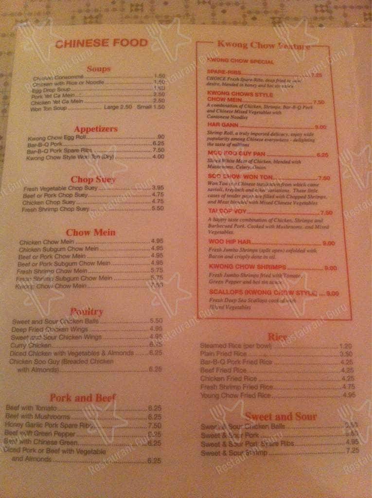Menu at Kwong Chow Restaurant, St. Catharines