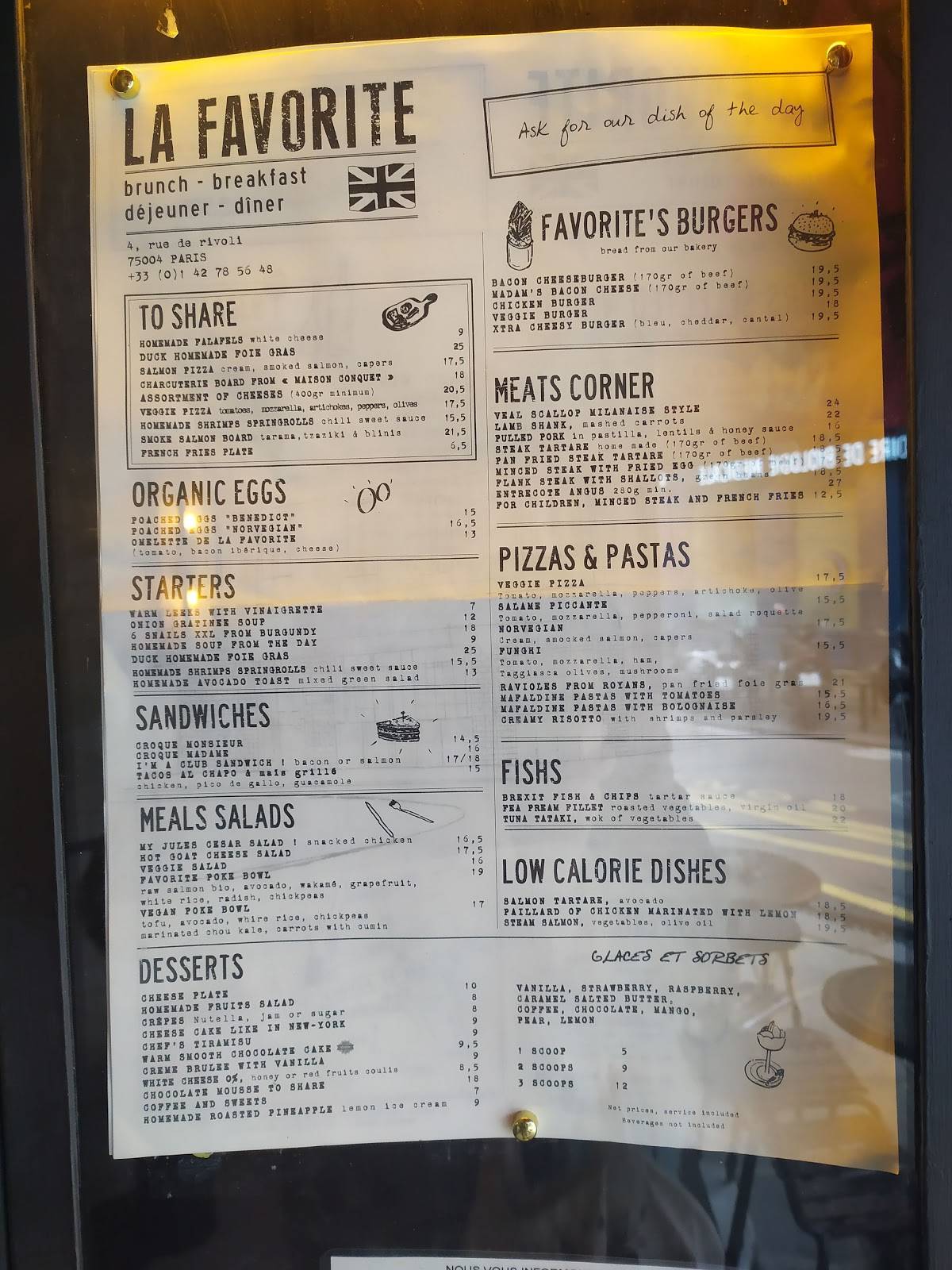 Menu at La Favorite Saint-Paul cafe, Paris, 4 Rue de Rivoli