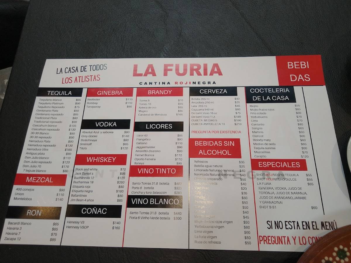 Carta del restaurante LA FURIA cantina rojinegra, Guadalajara