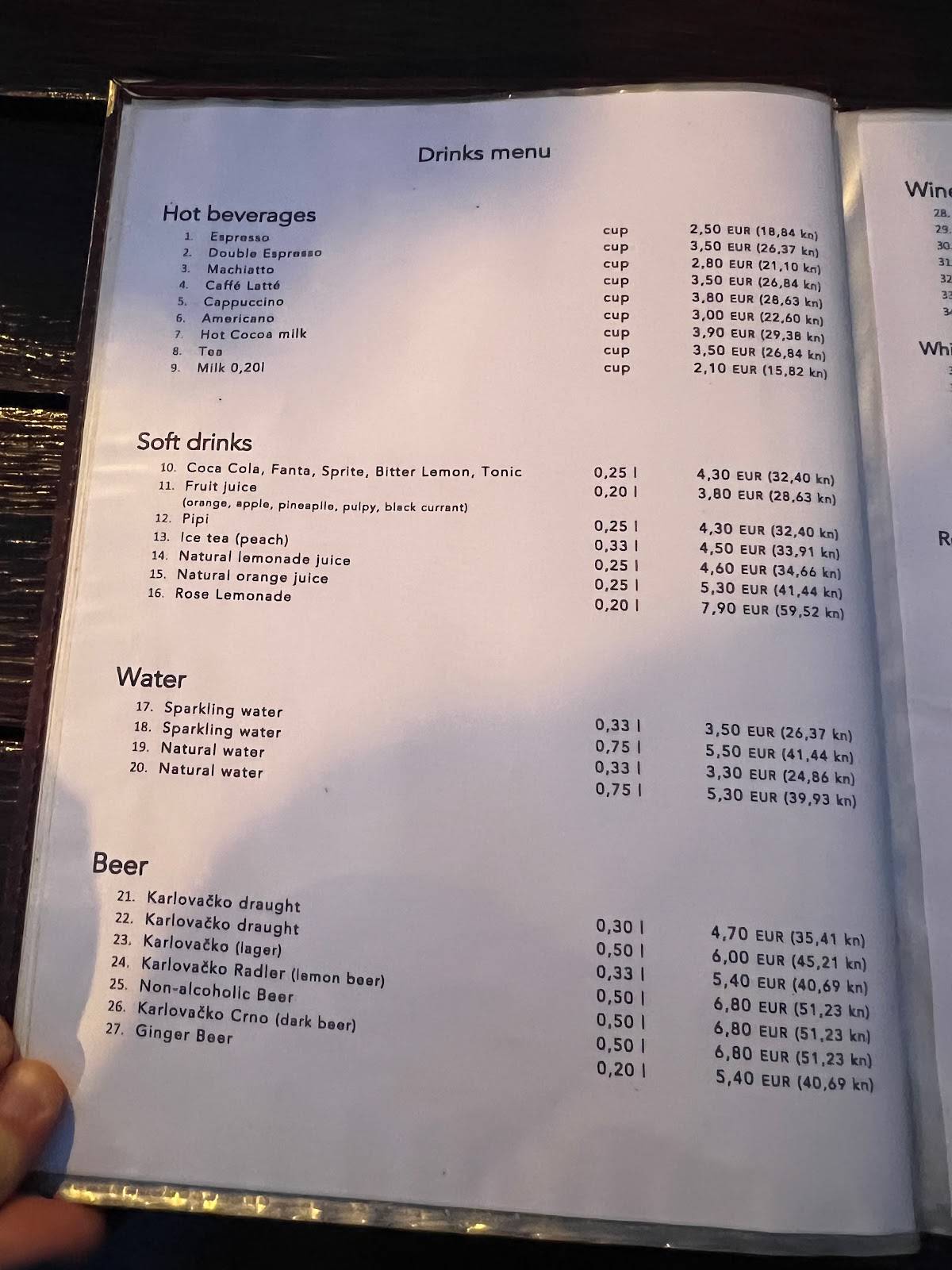 Menu at LADY PI-PI restaurant, Dubrovnik