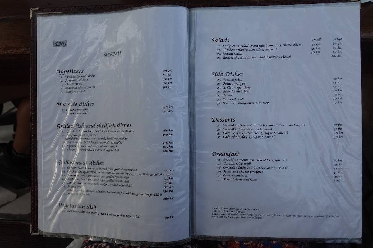 Menu at LADY PI-PI restaurant, Dubrovnik