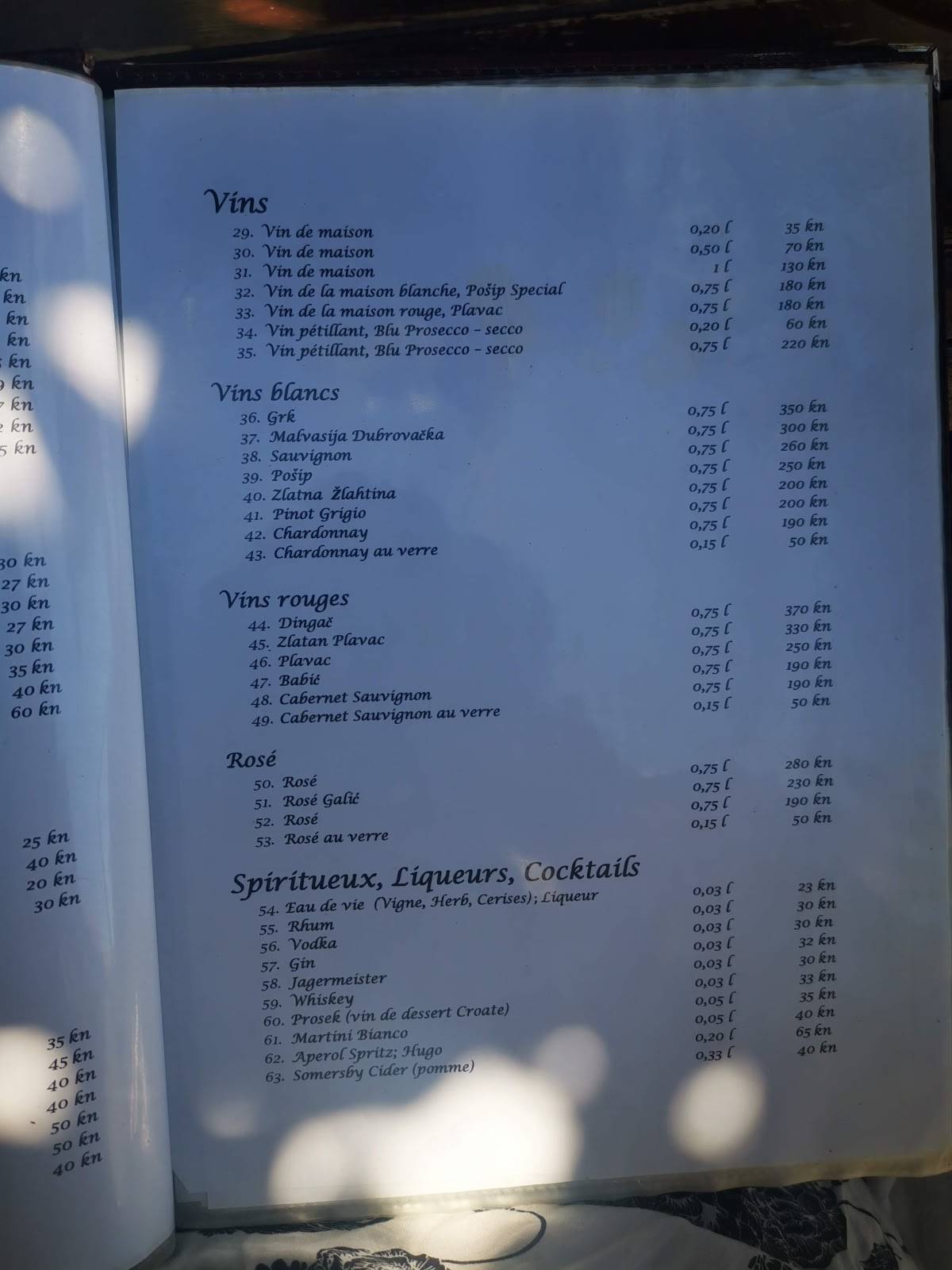 Menu at LADY PI-PI restaurant, Dubrovnik