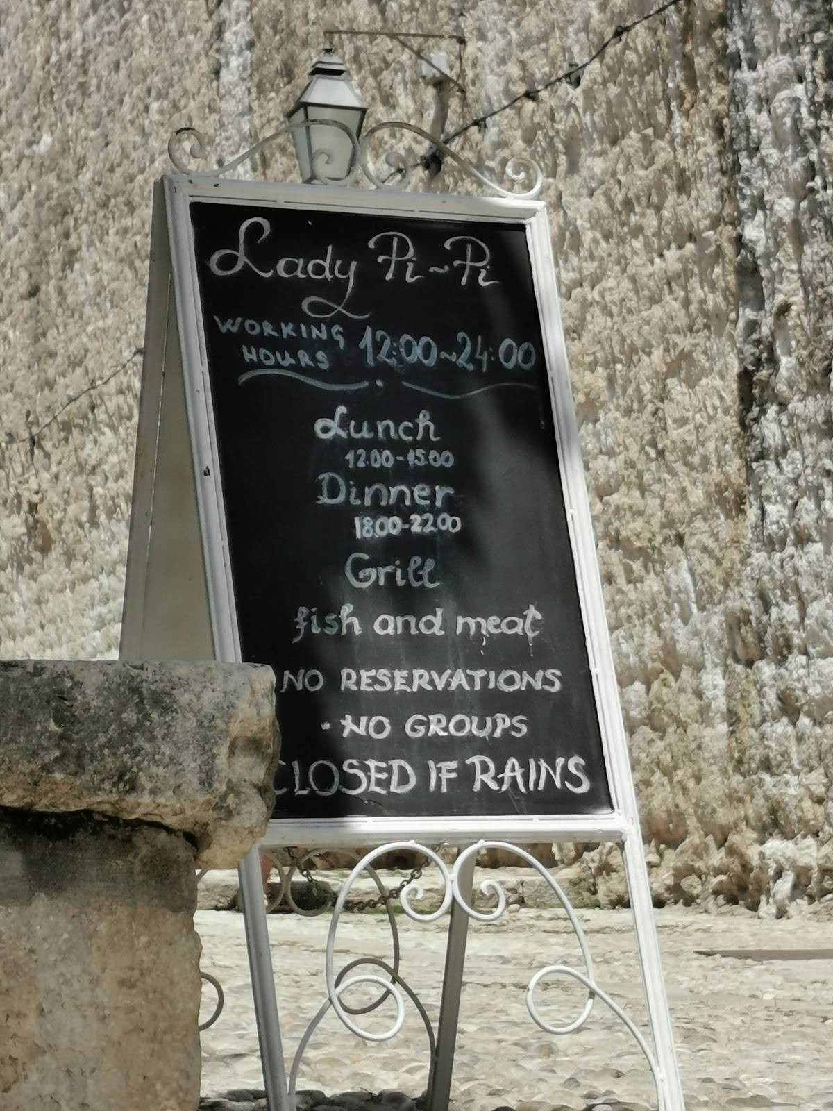 Menu at LADY PI-PI restaurant, Dubrovnik