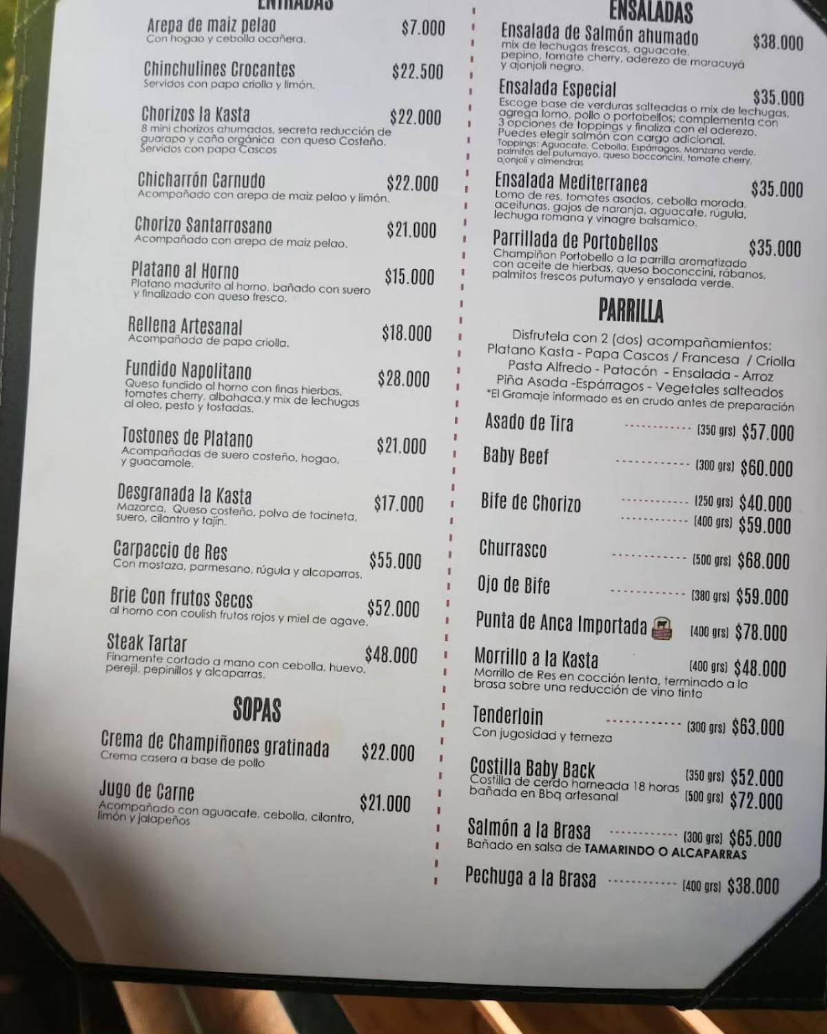 Carta del restaurante La Kasta Parkway, Bogotá