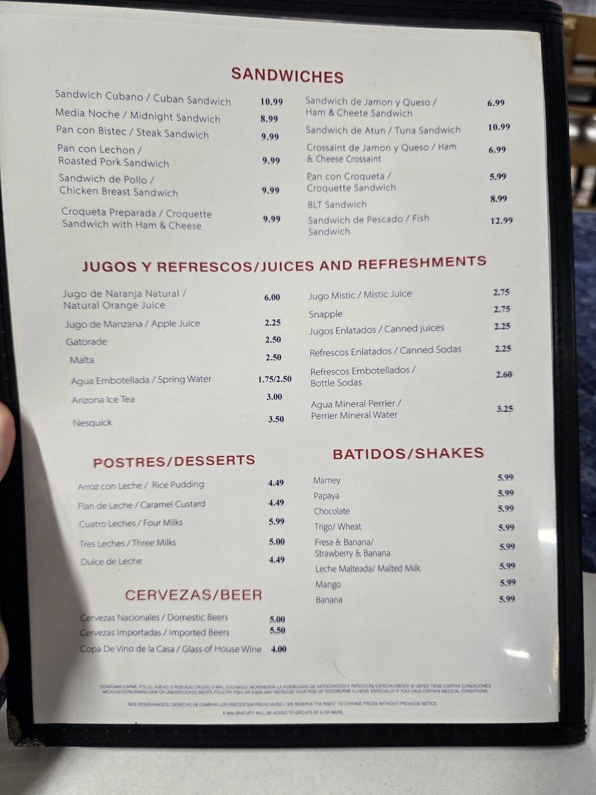 Menu at LATIN CAFÉ restaurant, Miami Beach, 441 41st St