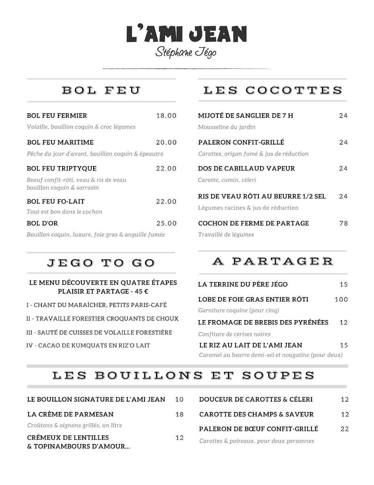 Menu at L’Ami Jean restaurant, Paris