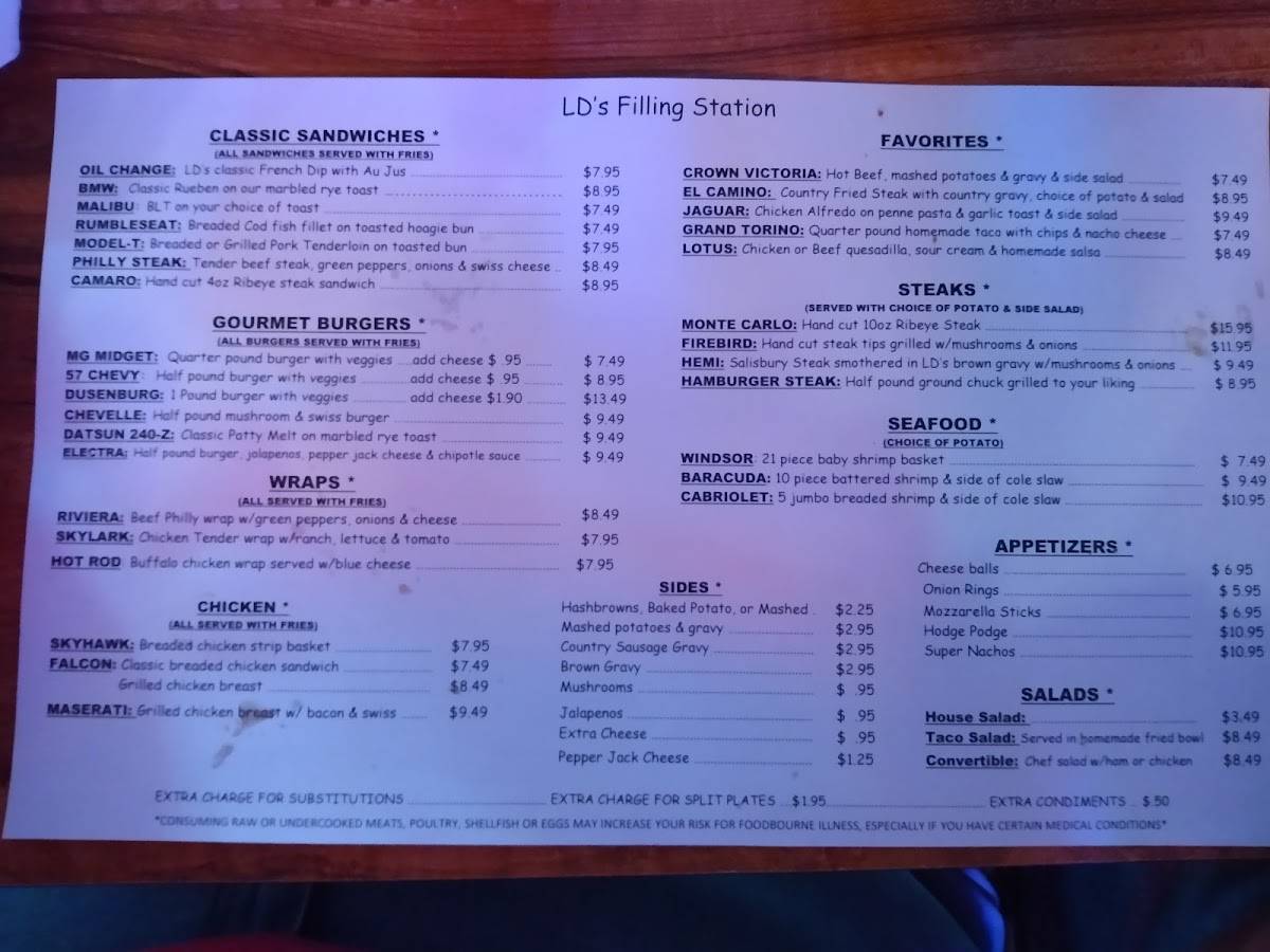 Menu at LD's Filling Station pub & bar, Mason City