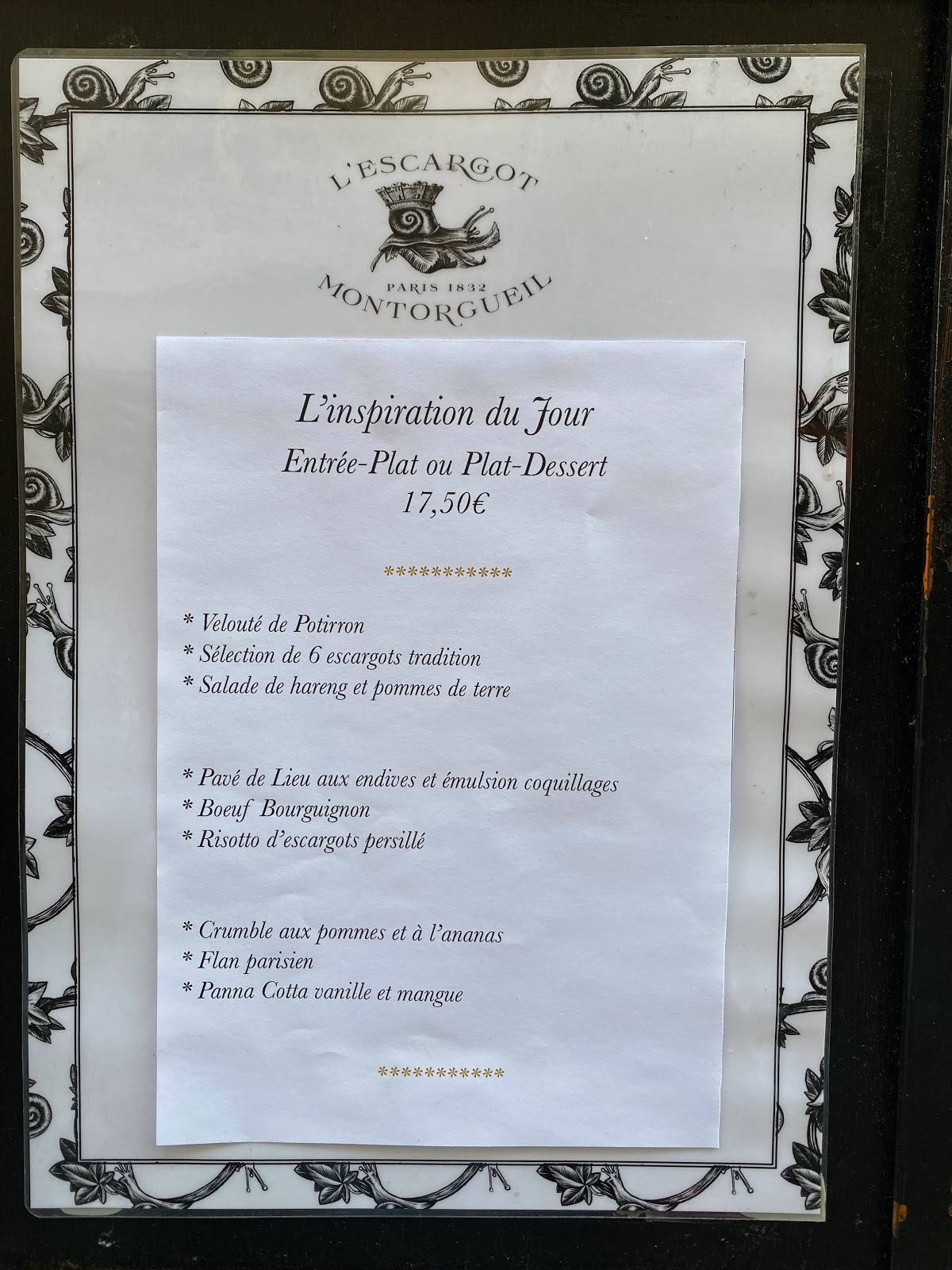 Menu at L'Escargot restaurant, Paris, 38 Rue Montorgueil