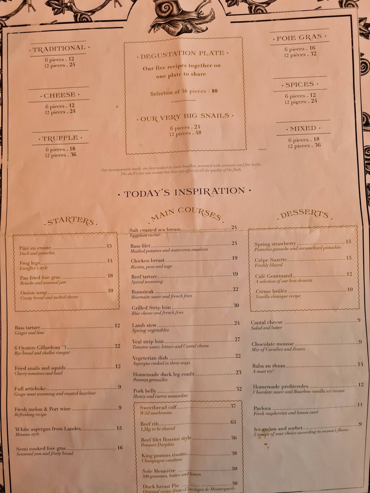 Menu at L'Escargot restaurant, Paris, 38 Rue Montorgueil