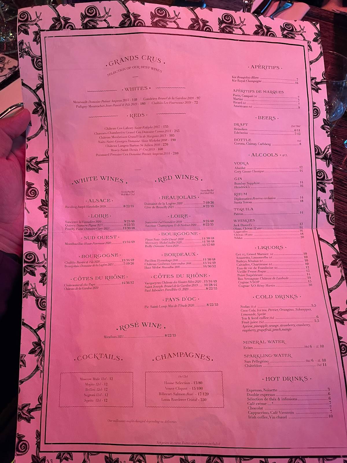 Menu at L'Escargot restaurant, Paris, 38 Rue Montorgueil