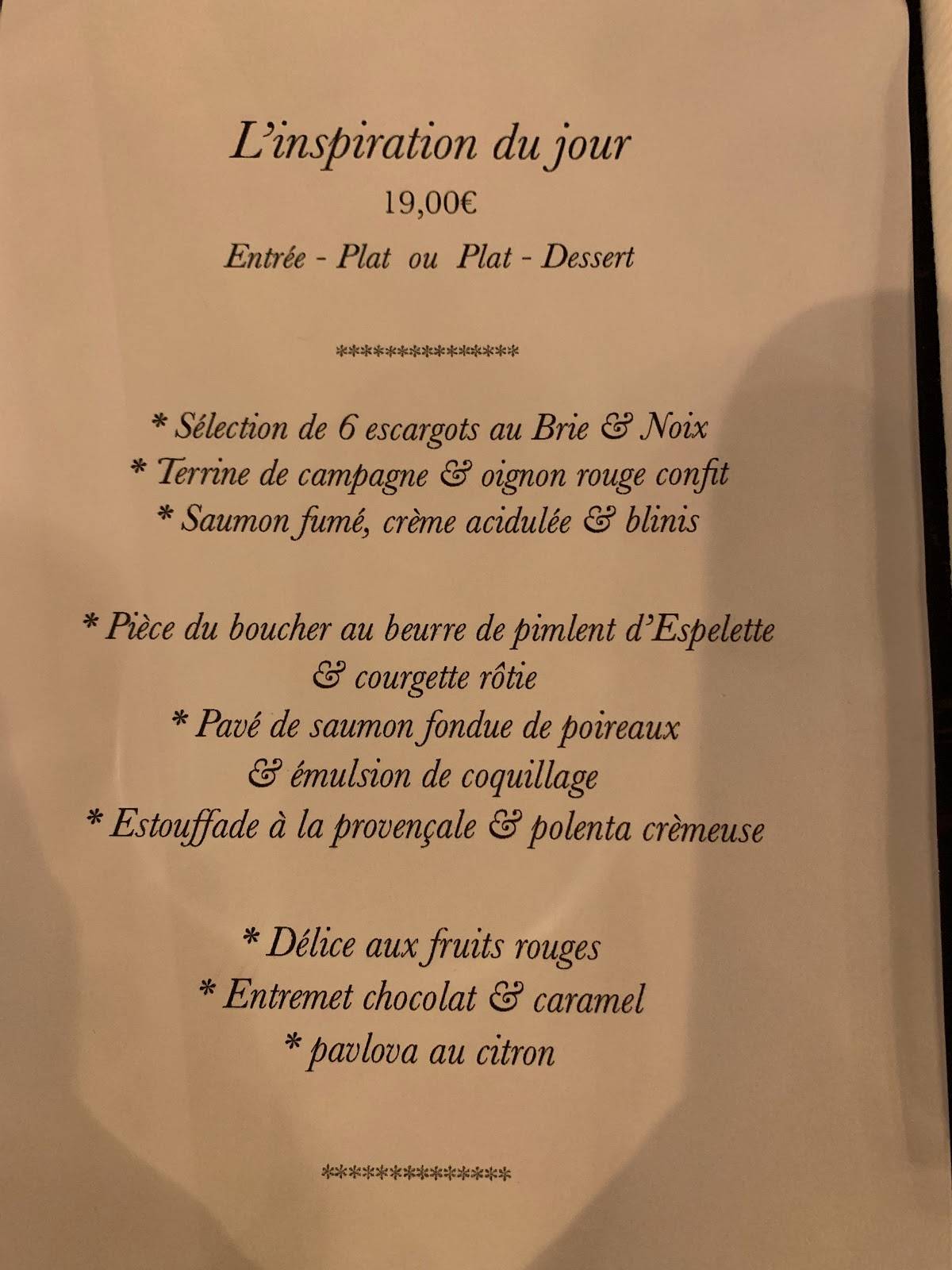 Menu at L'Escargot restaurant, Paris, 38 Rue Montorgueil