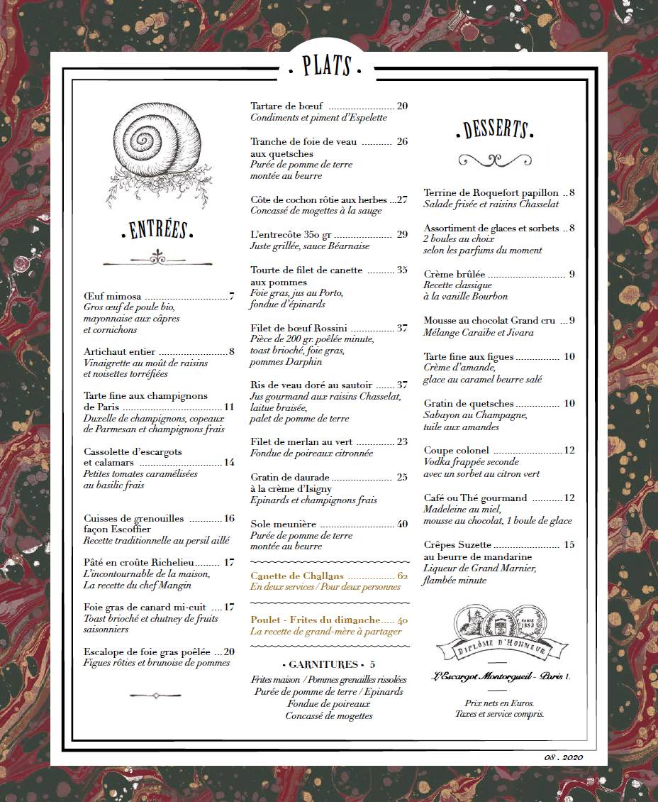 Menu at L'Escargot restaurant, Paris, 38 Rue Montorgueil