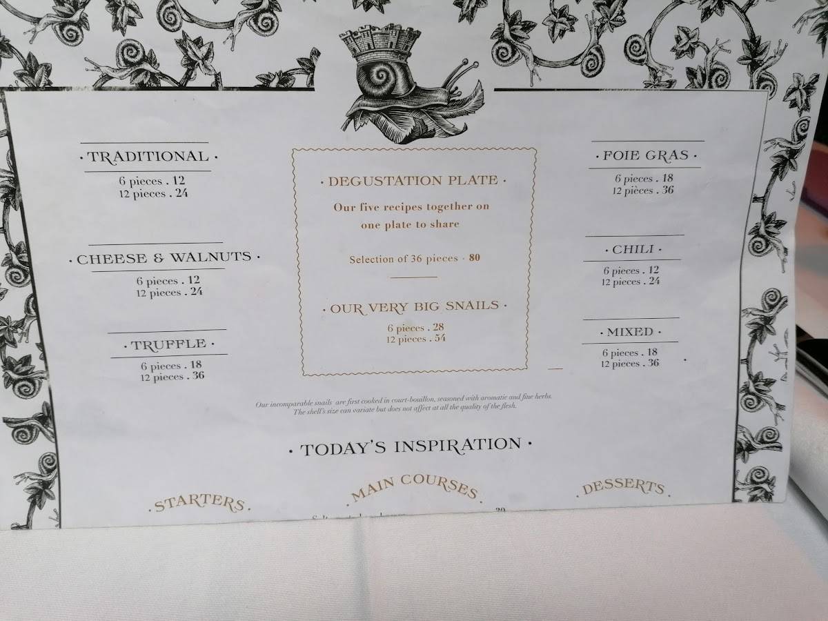 Menu at L'Escargot restaurant, Paris, 38 Rue Montorgueil