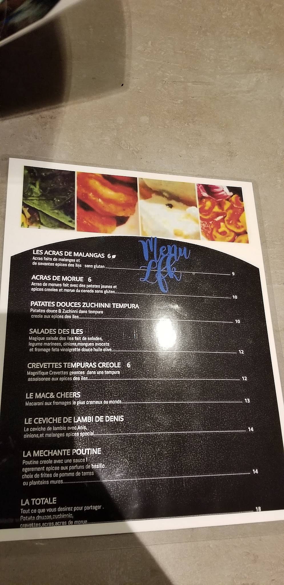 Menu at LFK restaurant, Montréal