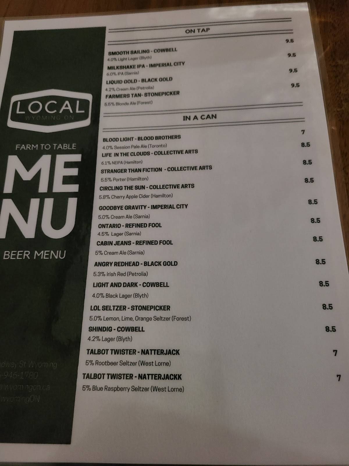 Menu at LOCAL Wyoming ON restaurant, Plympton-Wyoming
