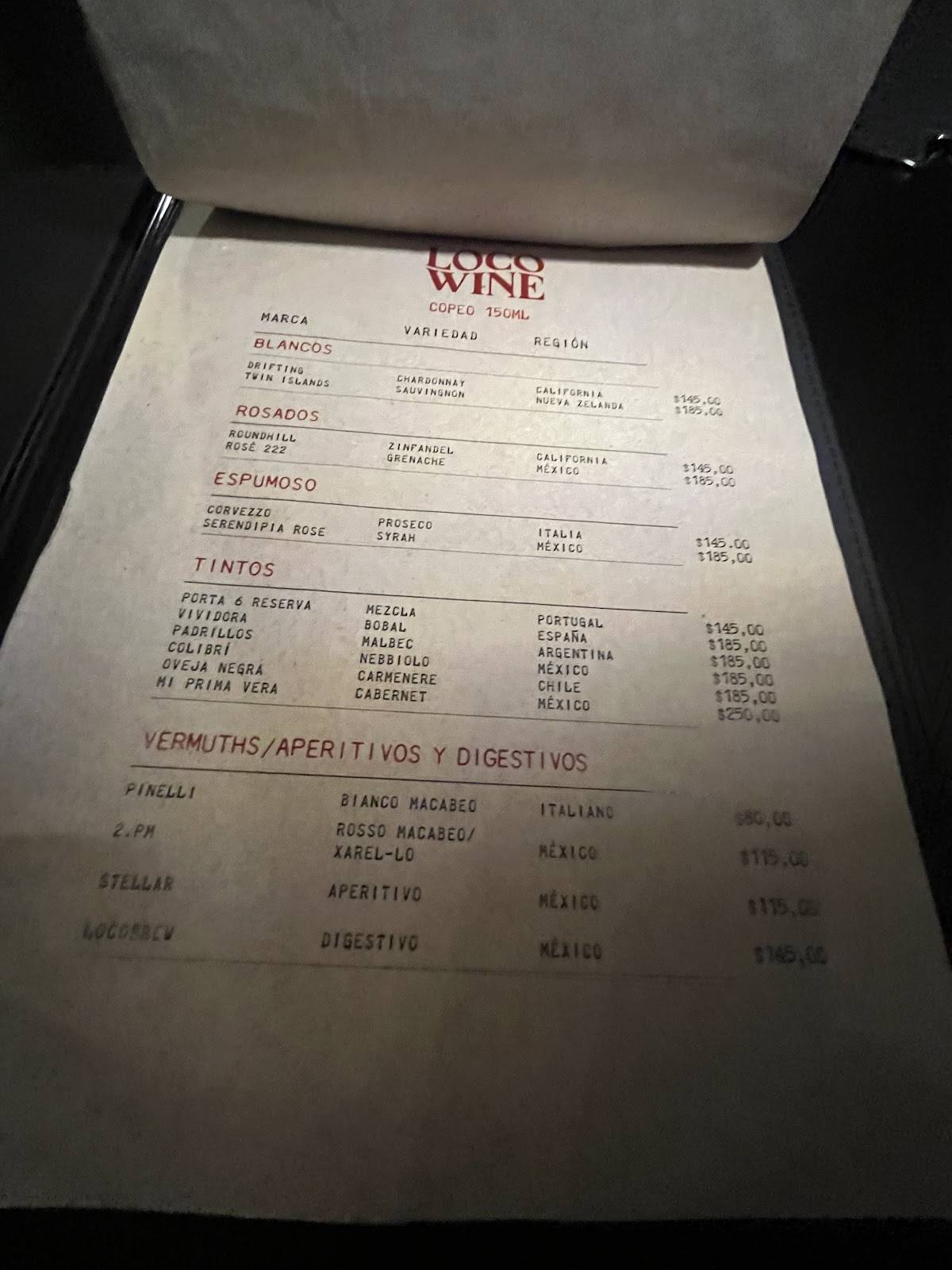Carta del pub y bar LOCO WINE, Guadalajara