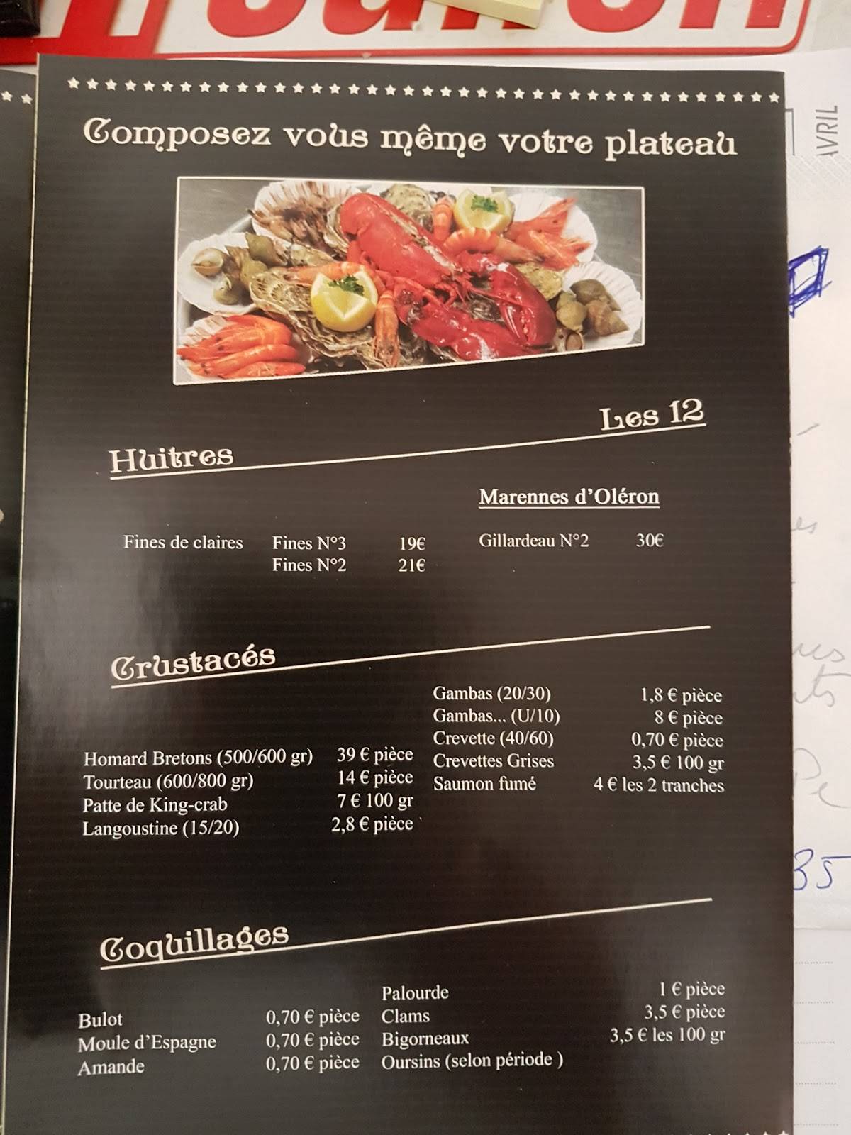 Menu at L'Ostréa restaurant, Biot