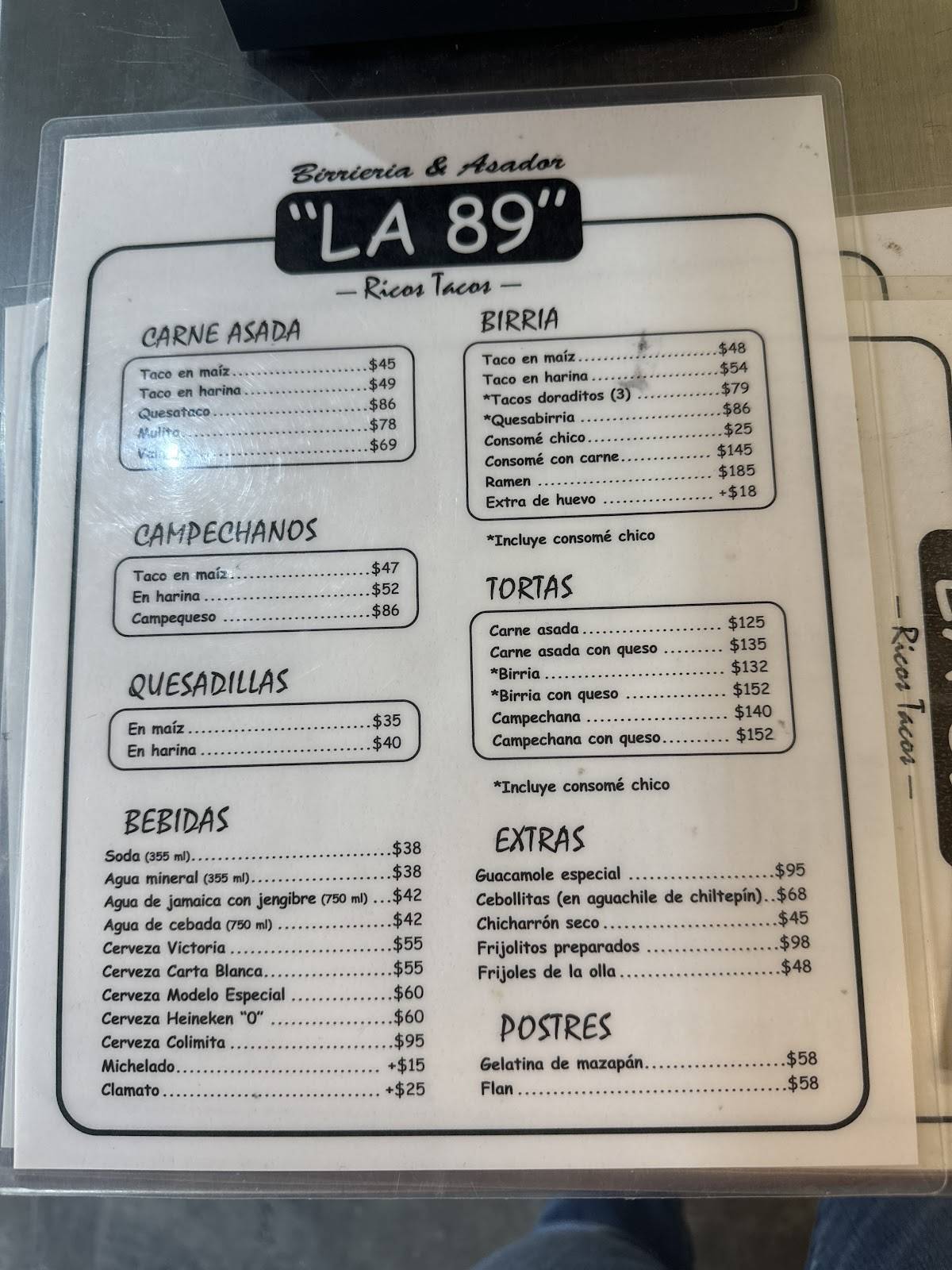 Carta del restaurante La 89, Naucalpan del Juárez